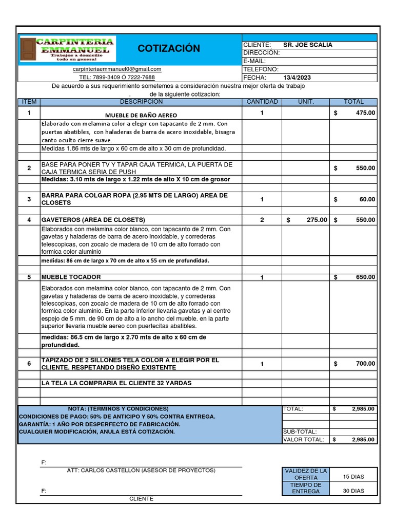 Sr. Joe Scalia-Cotizacion de Tapizado de Sillones y Muebles Gaveteros, Tocador y Mueble Aereo de ...
