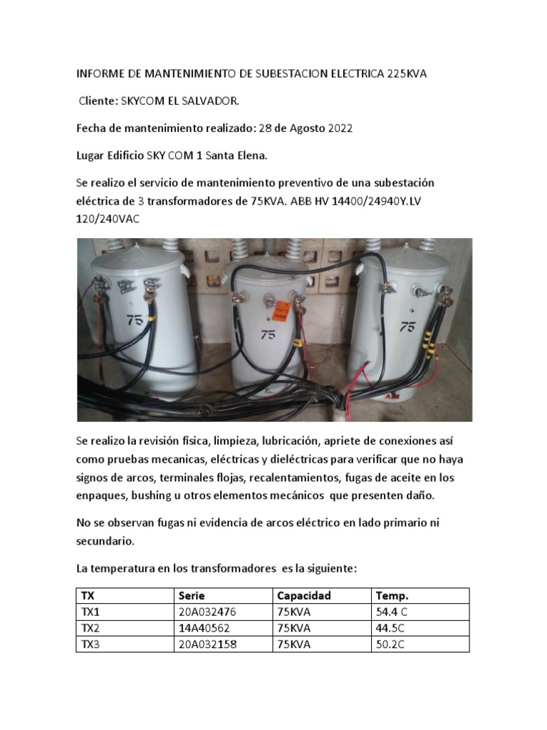Informe de Mantenimiento de Subestacion Electrica 225kva | PDF | Transformador | Poder (Física)