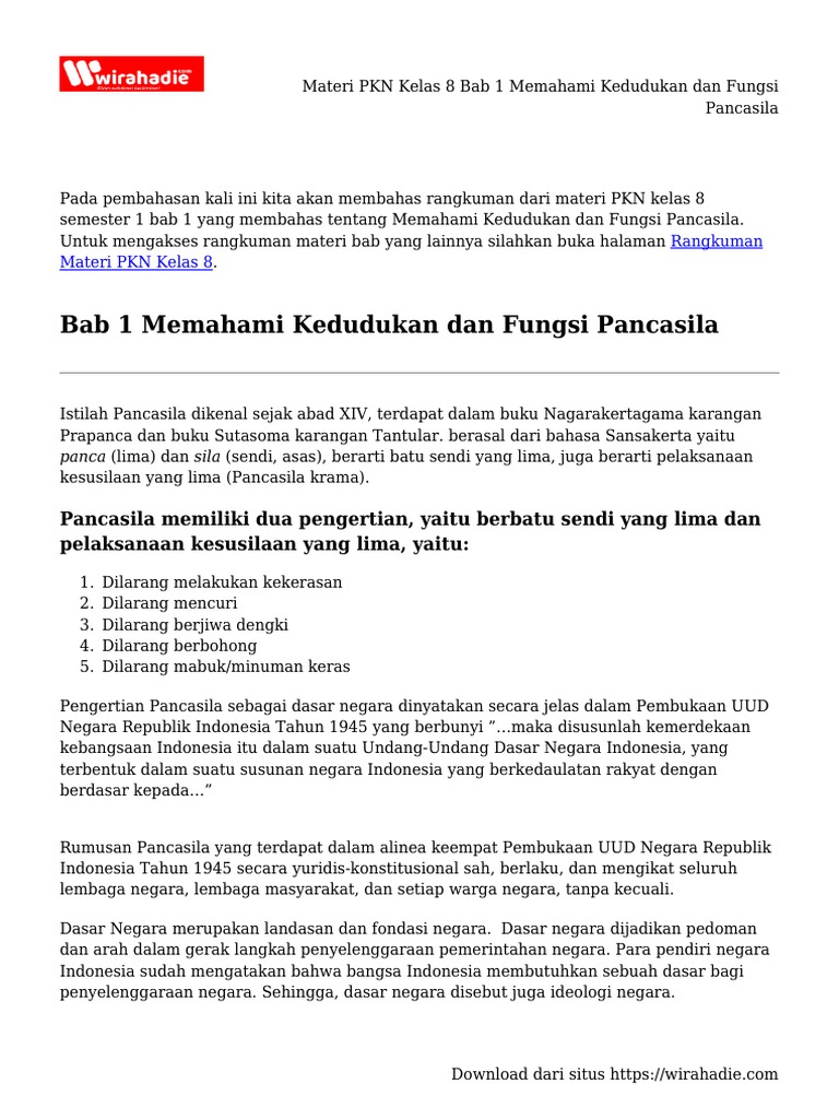 Materi PKN Kelas 8 Bab 1 Memahami Kedudukan Dan Fungsi Pancasila | PDF