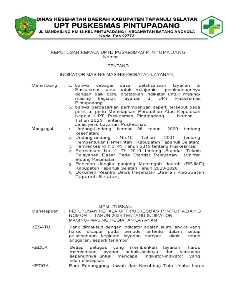 1.6.1.1 Contoh SK Tentang Penetapan Indikator Kinerja Puskesmas | PDF