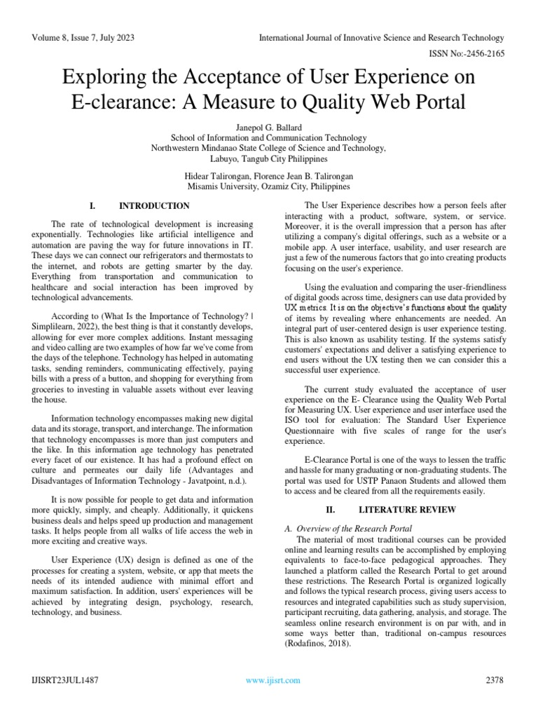 Exploring The Acceptance of User Experience On E-Clearance: A Measure To Quality Web Portal | PDF
