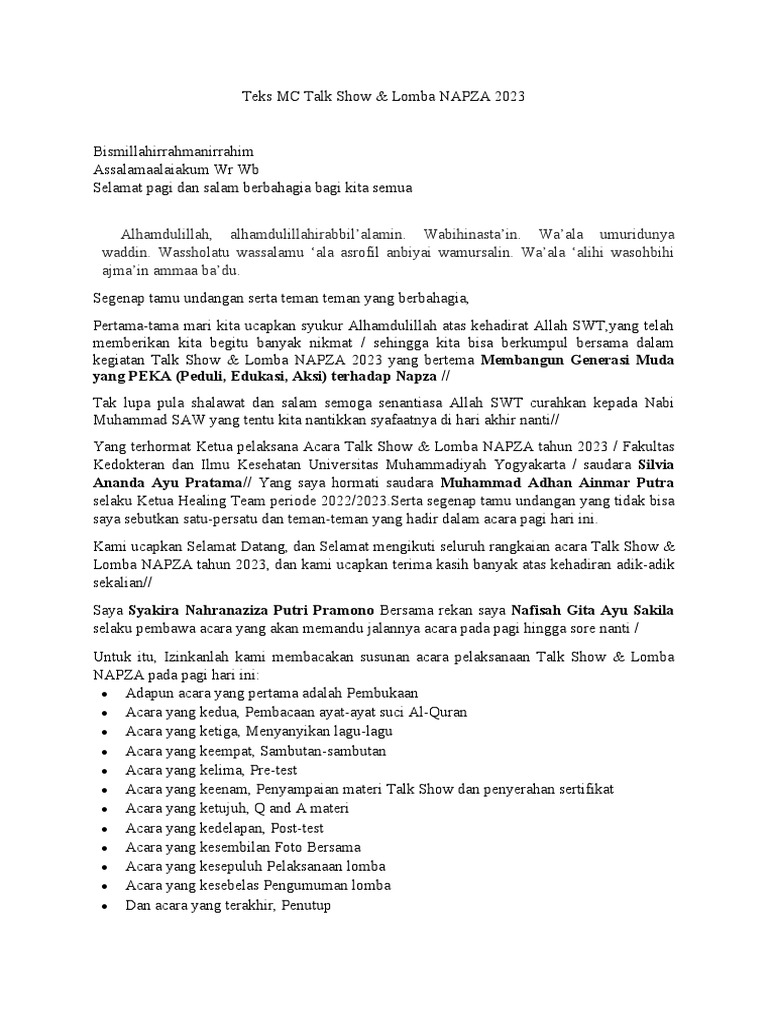 Teks MC Talk Show & Lomba NAPZA 2023 | PDF