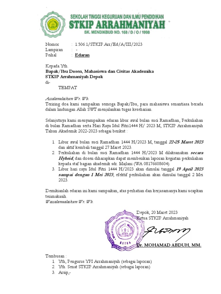Surat Edaran Ramadhan STKIP 2023 | PDF