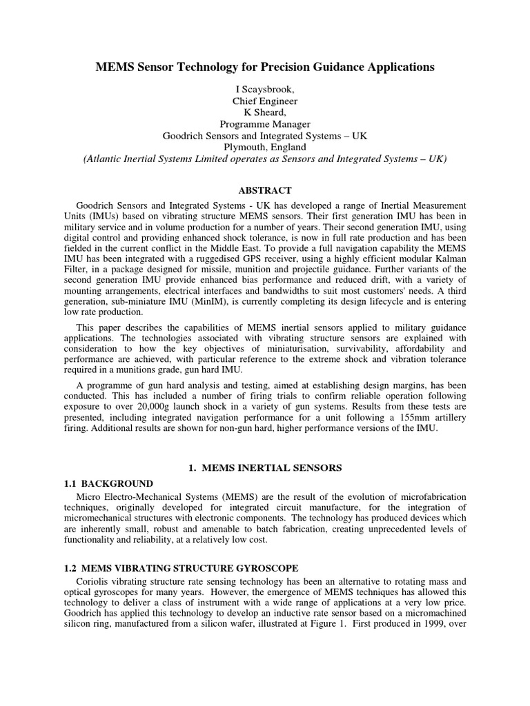 MEMS Sensor Technology For Precision Guidance Applications by I Scaybrook | PDF