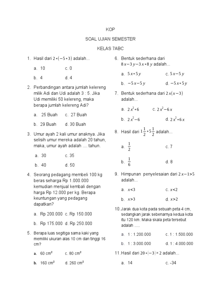 Soal Uas MTK Kelas 7 | PDF