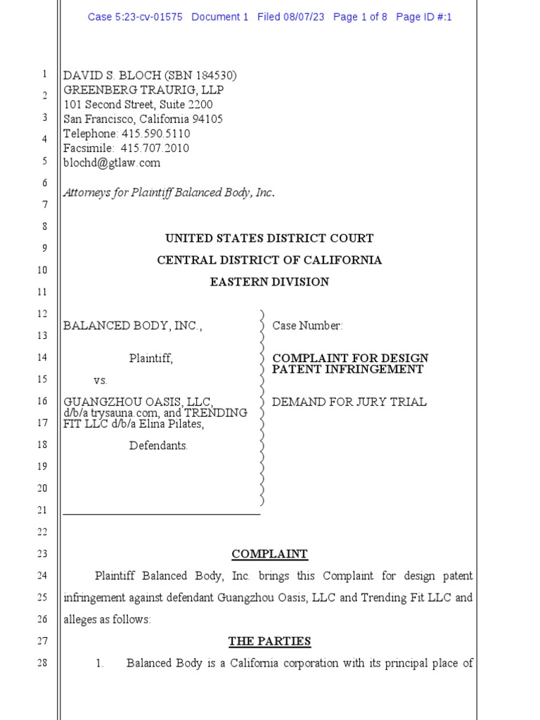 Balanced Body v. Guangzhou Oasis - Complaint | PDF | Injunction | Patent