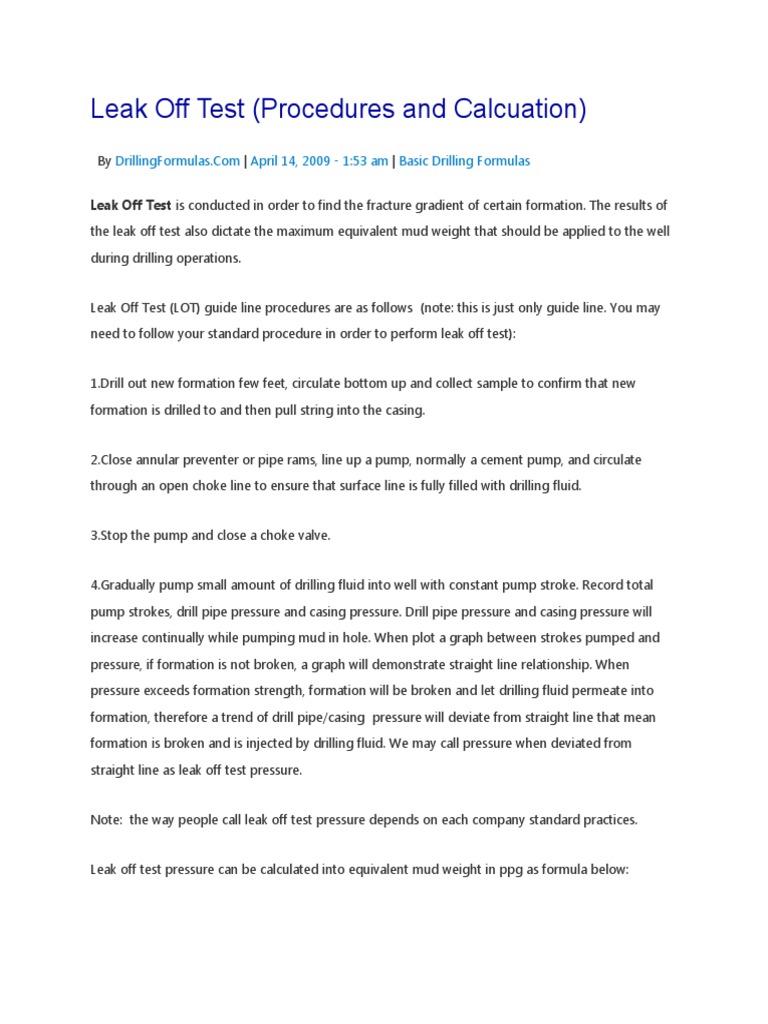Leak Off Test (Procedures and Calcuation) : April 14, 2009 - 1:53 Am ...
