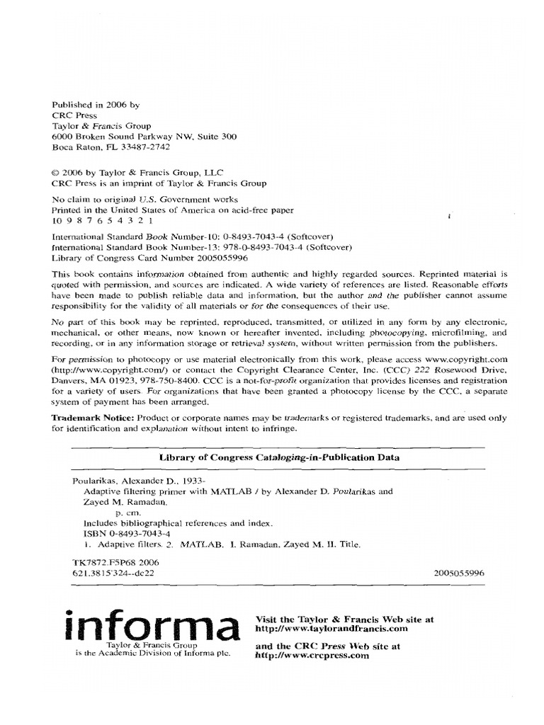 Adaptive Filtering Primer With MATLAB (Electrical Engineering Primer Series) | PDF