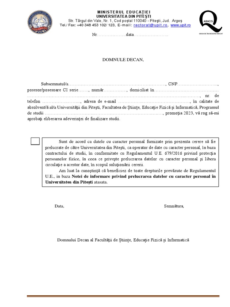 Cerere Eliberare Adeverinta Finalizare Studii 2023 Cu Antet PT 2023 | PDF
