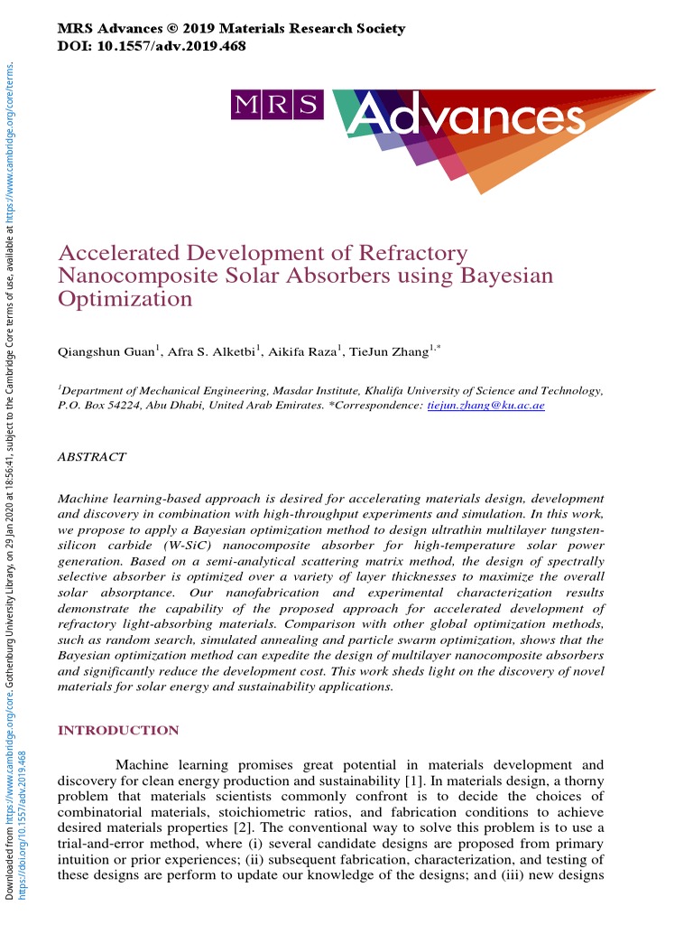 Accelerated Development of Refractory Nanocomposite Solar Absorbers Using Bayesian Optimization ...