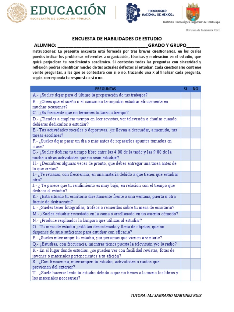 Encuesta de Habilidades de Estudio | PDF | Metodología de encuesta