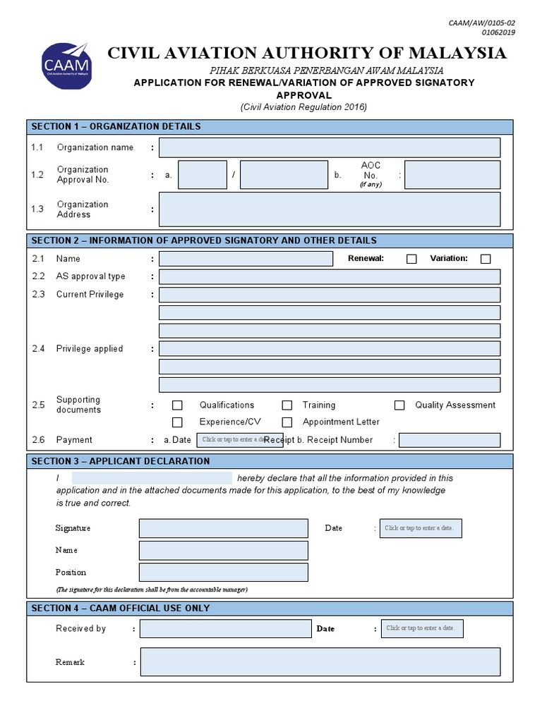 CAAM Approved Signatory Application Form | PDF | Signature