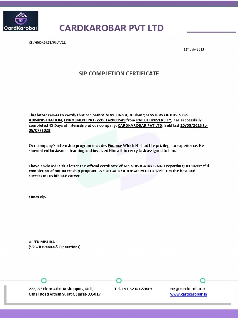 Sip Completion Certificate Format | PDF