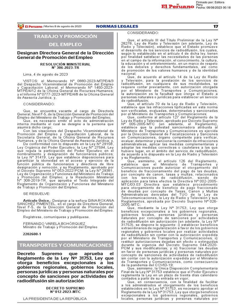 Decreto Supremo Que Aprueba El Reglamento de La Ley N 31753 Decreto Supremo N 012 2023 MTC ...