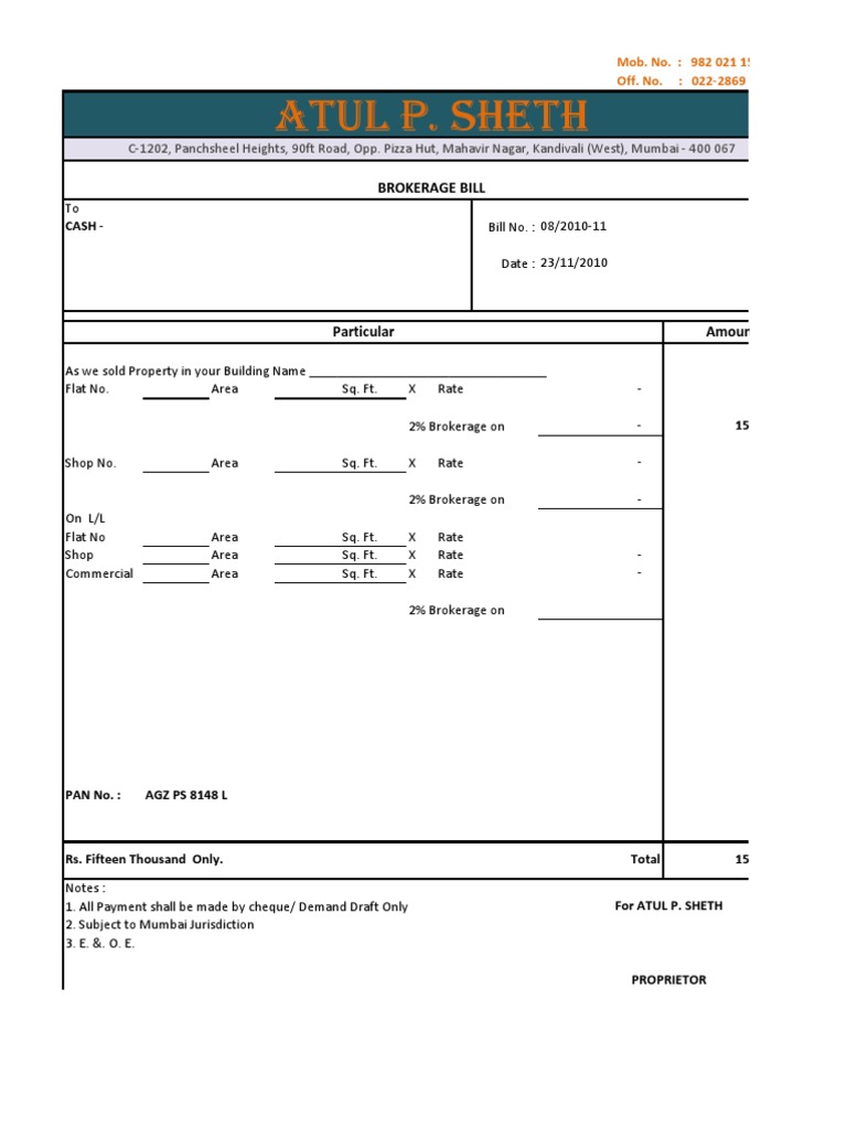Brokerage Bill Format for Mumbai | PDF | Finance & Money Management