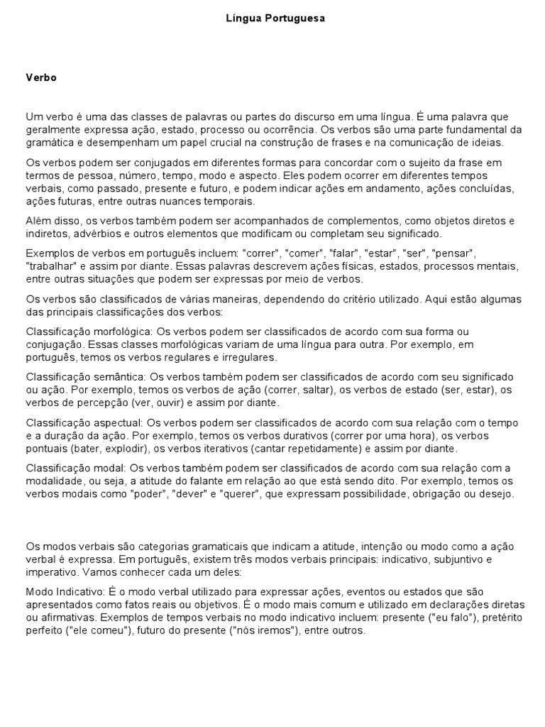 Verbo Língua Portuguesa Pdf Linguística Morfologia
