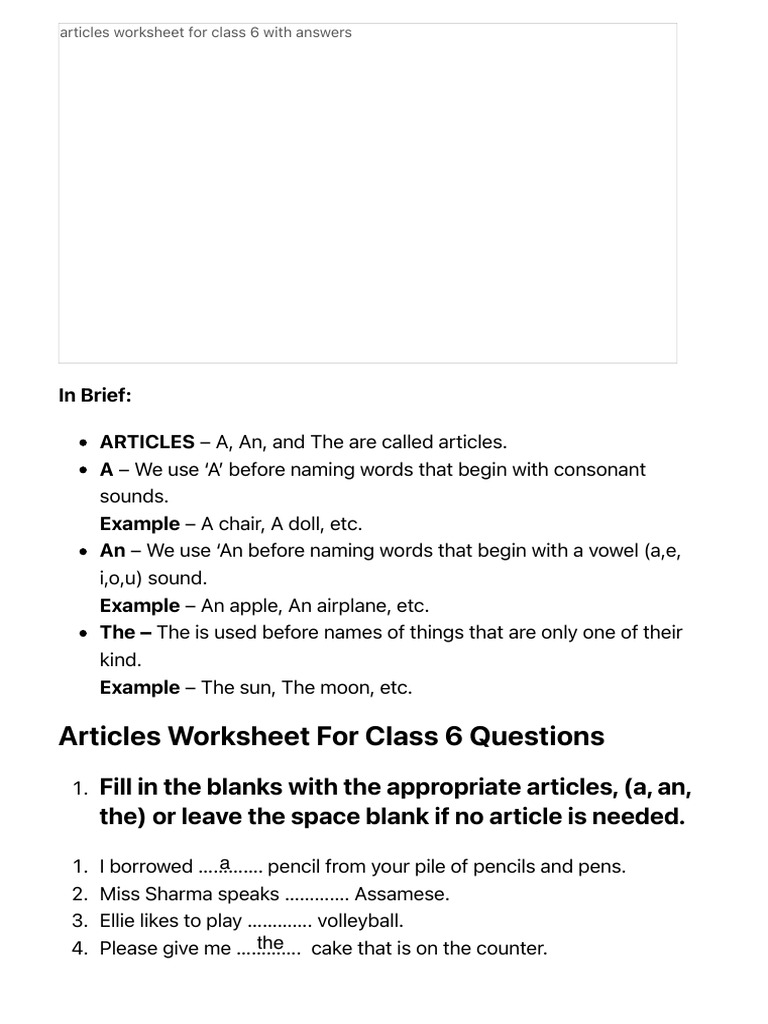 Articles Worksheet For Class 6 With Answers - Free PDF | PDF