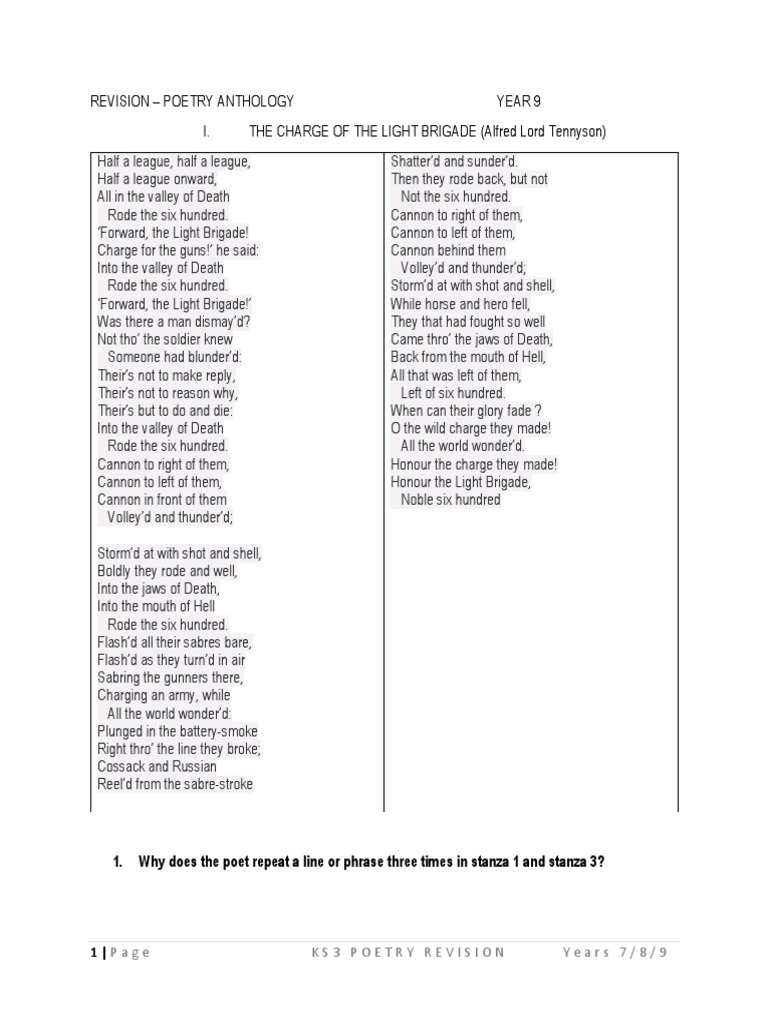 Year 9 Poetry Revision: Tennyson's Charge | PDF | Poetry