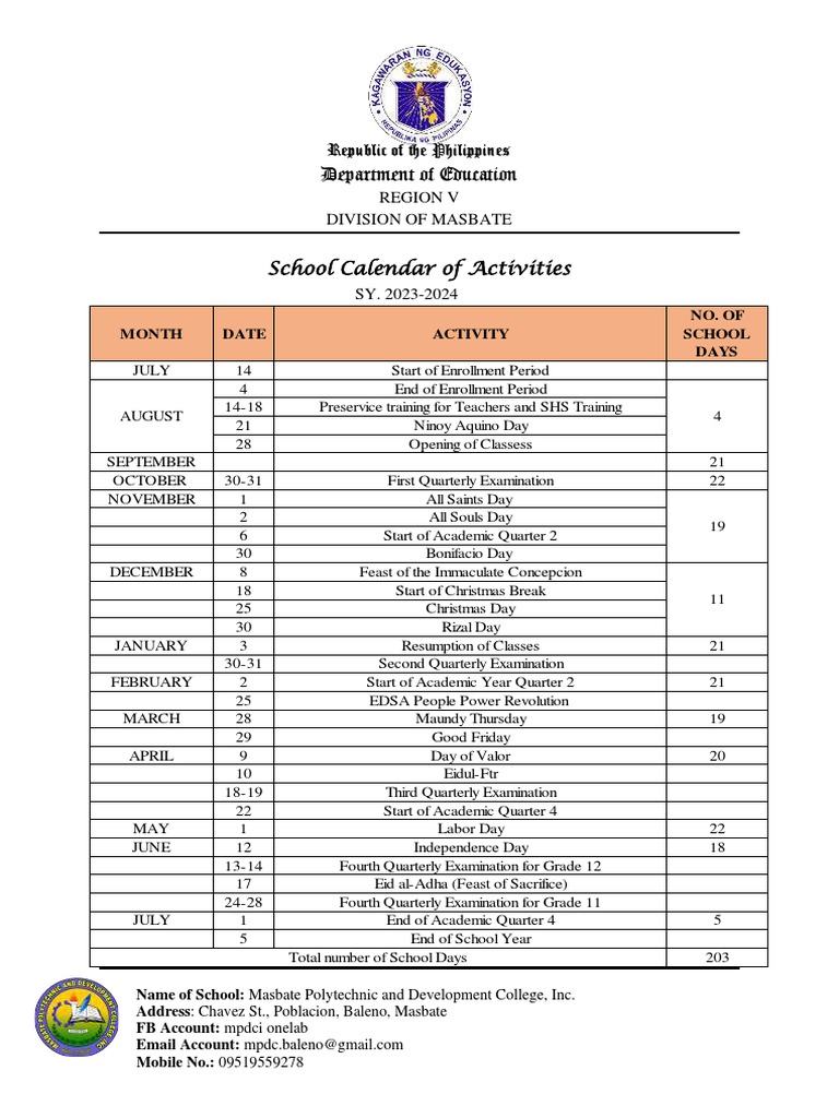 SY 2023-2024 School Calendar Activities | PDF | Festival | Holidays