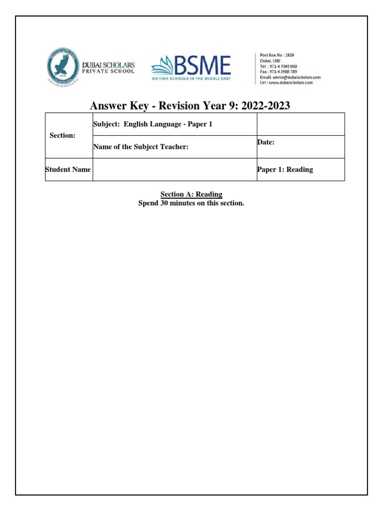 Answer Key - Y9 Reading Term 3 Practice | PDF