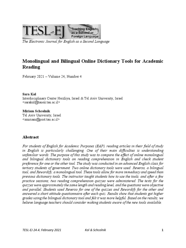 Monolingual and Bilingual Online Dictionary Tools For Academic Reading ...
