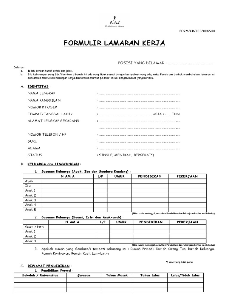 (Print) FORMULIR LAMARAN KERJA | PDF