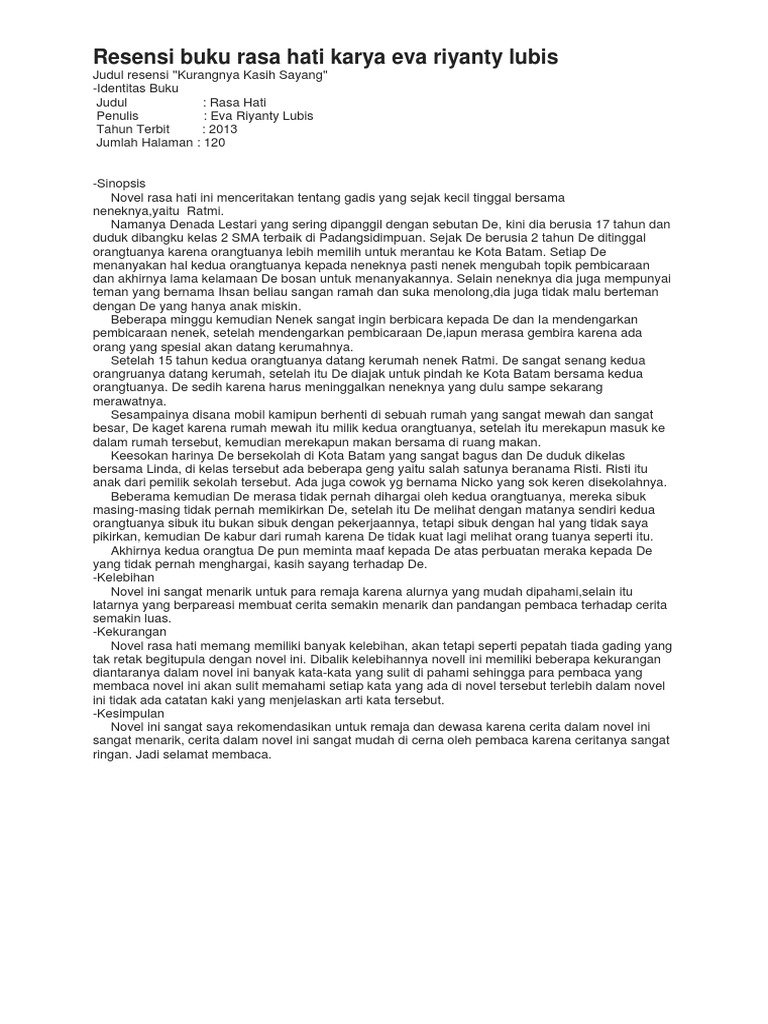 Resensi Buku Rasa Hati Karya Eva Riyanty Lubis | PDF