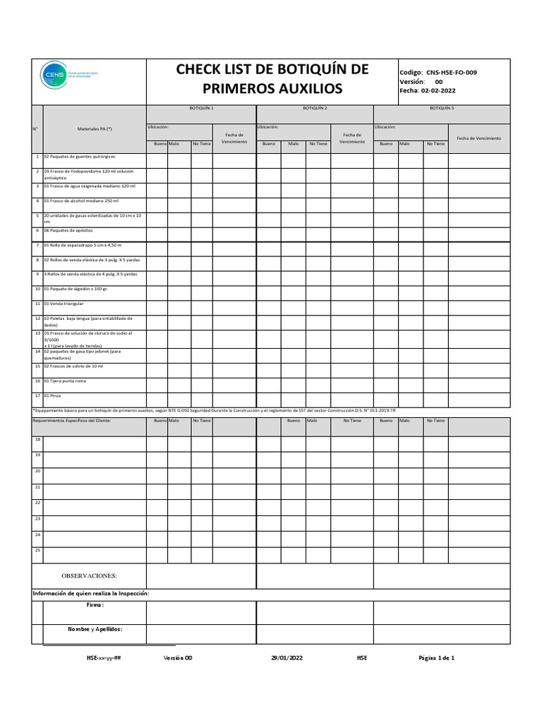 Lista de Verificación Botiquín SST | PDF