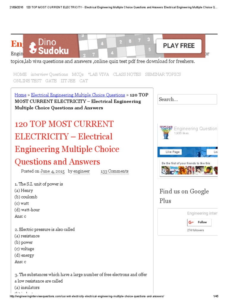 120 TOP MOST CURRENT ELECTRICITY - Electrical Engineering Multiple ...