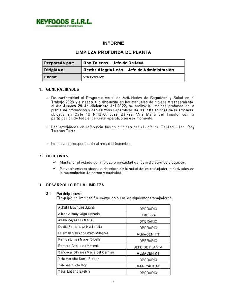 Informe de Limpieza Profunda (DICIEMBRE 2023) | PDF | Salud pública ... Informe de Limpieza Profunda (DICIEMBRE 2023) | PDF | Salud pública ...
