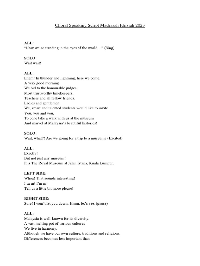 Choral Speaking Script Madrasah Idrisiah 2023 | PDF | Government Institutions | Government