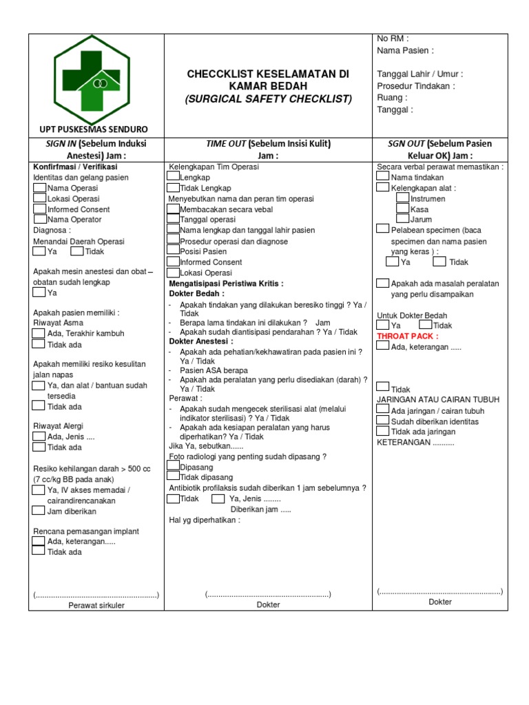 Form Surgical Safety Checklist | PDF