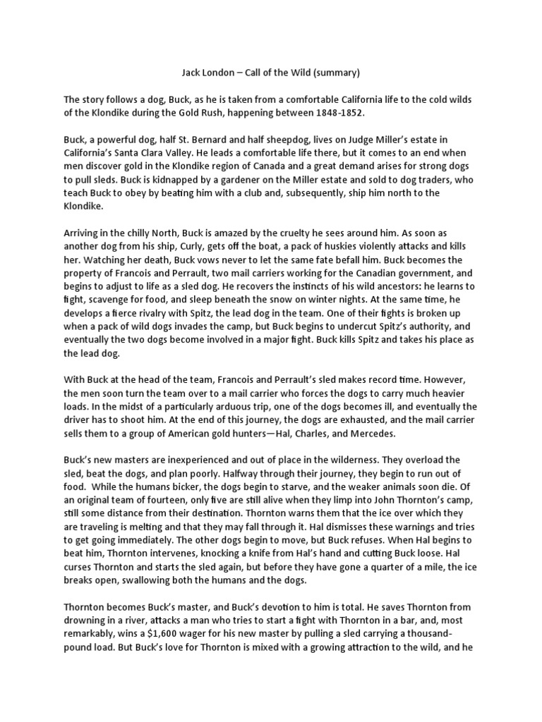 Jack London - The Call of The Wild Summary | PDF
