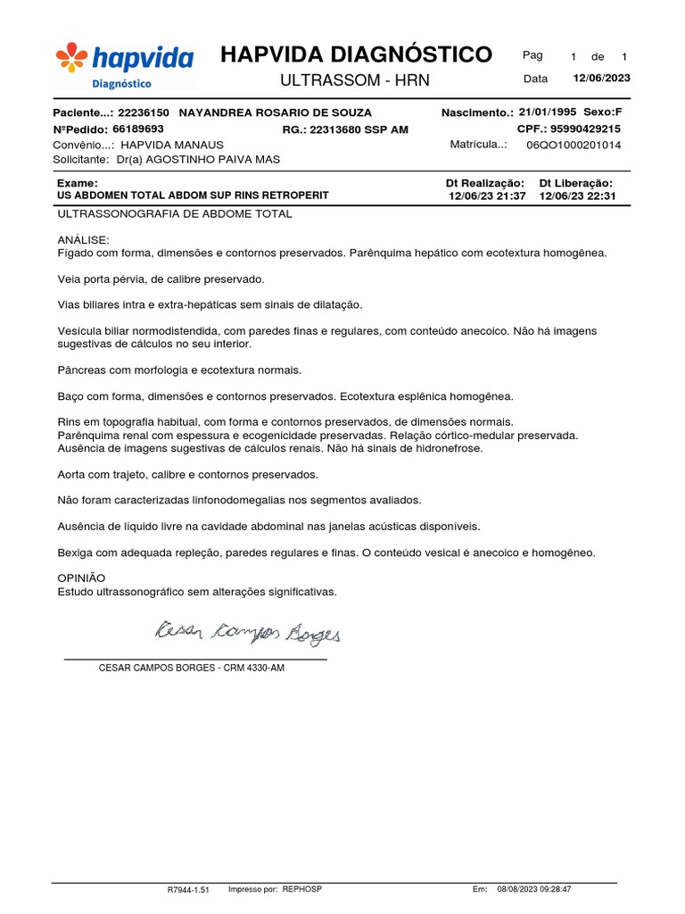 Hapvida Diagnóstico: Ultrassom - HRN | PDF