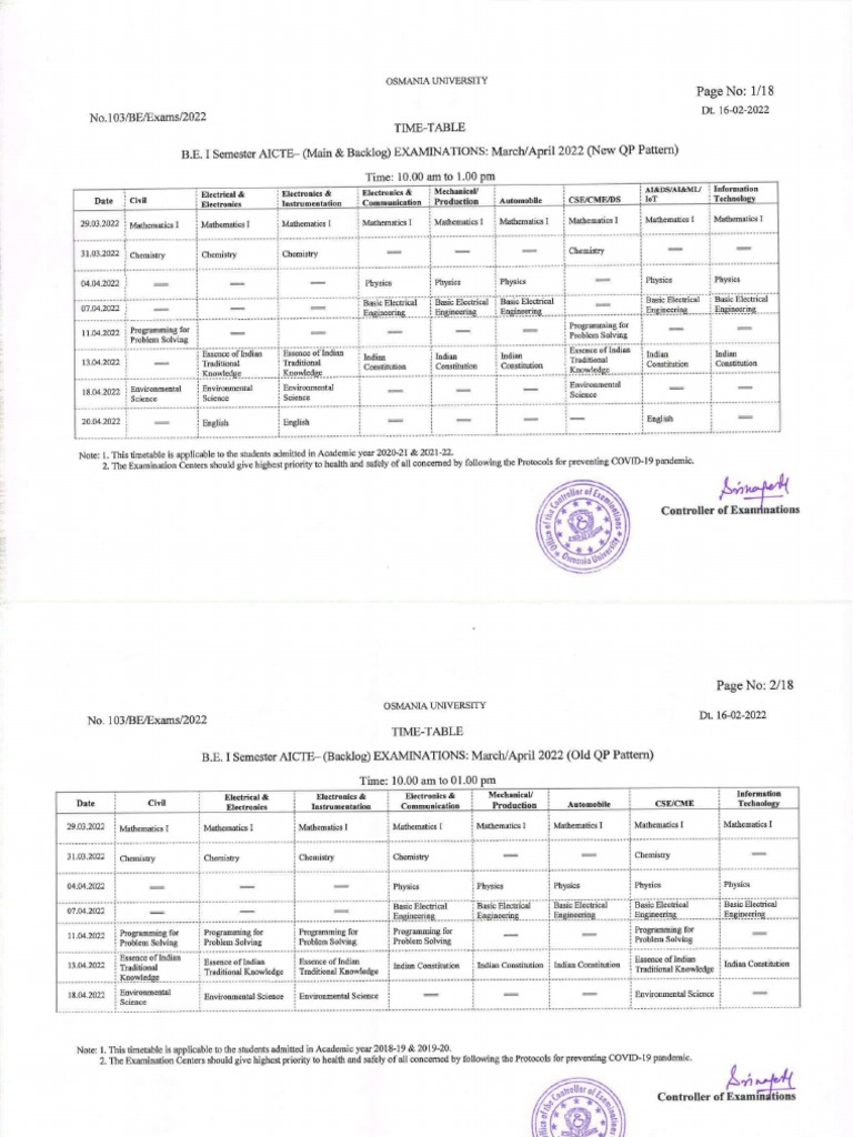 Be Aicte March 2022 Timetable | PDF