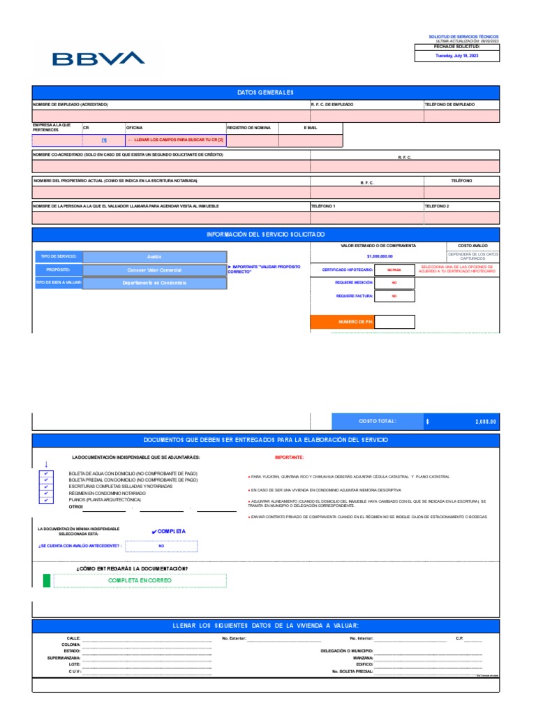 Solicitud Avaluo Empleados BBVA | PDF