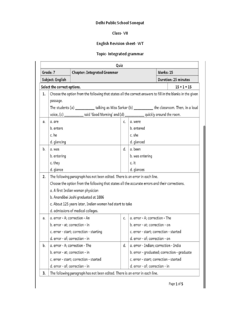 English Revision - Class 7 Integrated Grammar | PDF