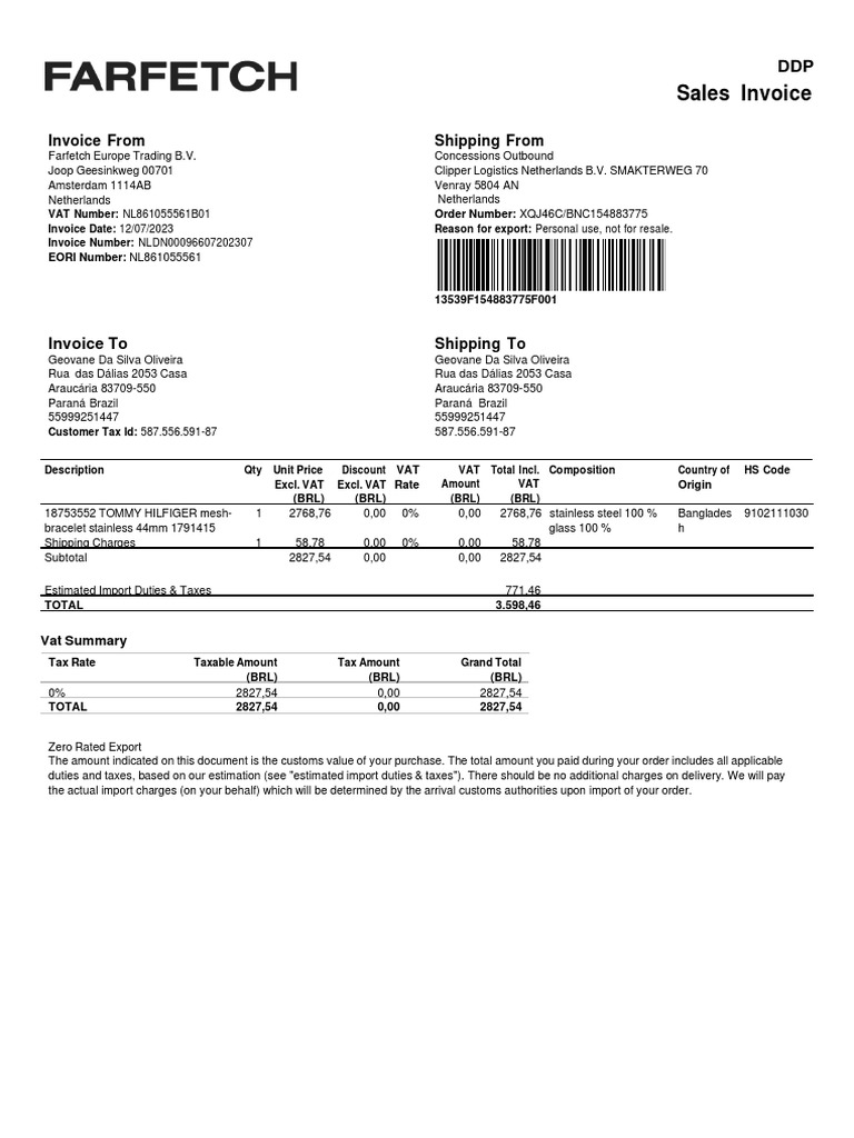 NF Farfetech Relogio Tommy | PDF | Value Added Tax | Invoice