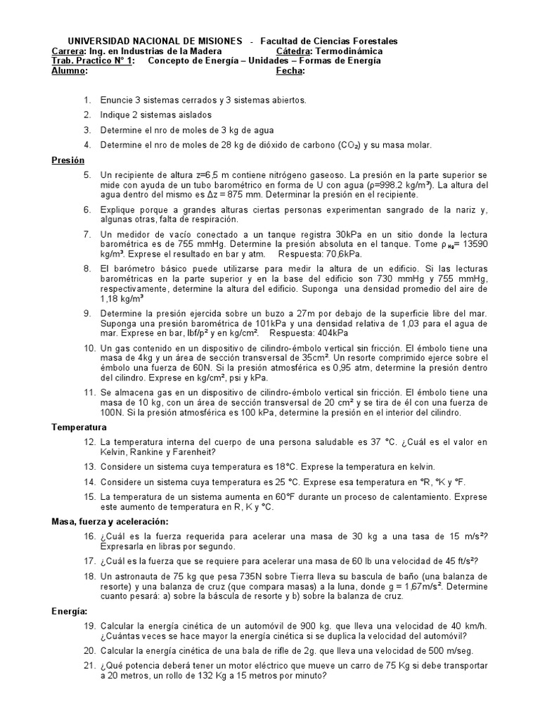 TP 1 - Energia y Variables de Estado | PDF | Presión | Temperatura