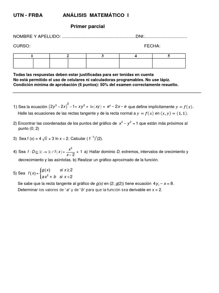 Primer Parcial Análisis Matematico 1 UTN 2022 | PDF | Ecuaciones | Derivado