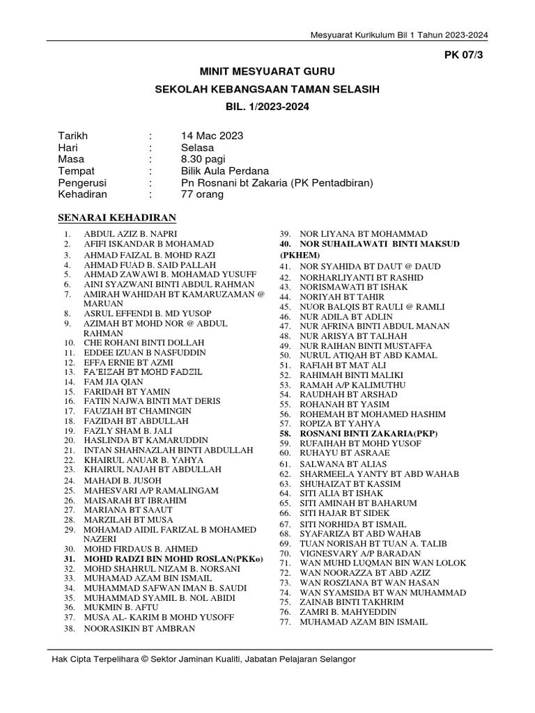 Minit Mesyuarat Kurikulum Bil 1,2023-2024 | PDF