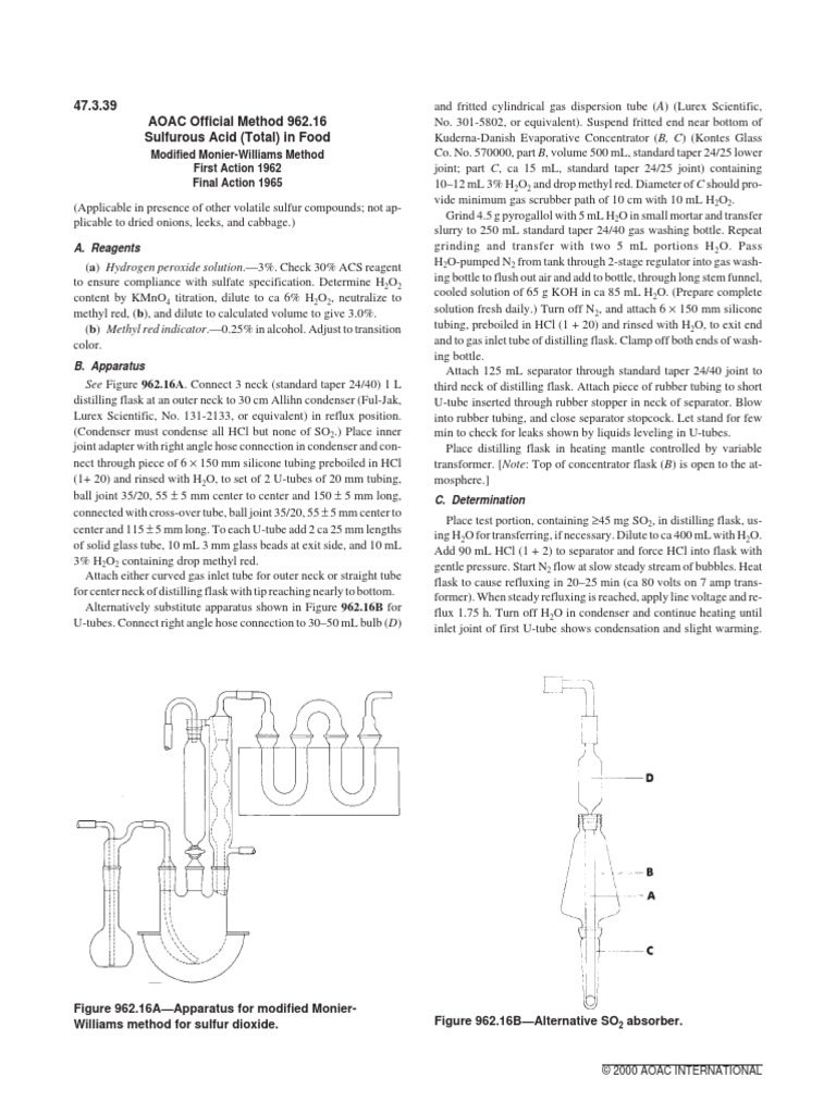AOAC Official Method - 962 - 16 - Sulfurous Acid (Total) in Food ...