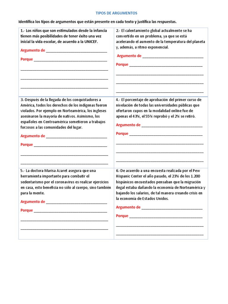 TIPOS DE ARGUMENTOS Ejercicios | PDF