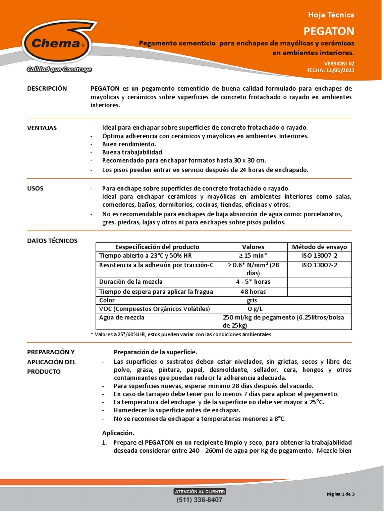 Hoja Técnica de Pegatón Chema | PDF | Hormigón | Agua