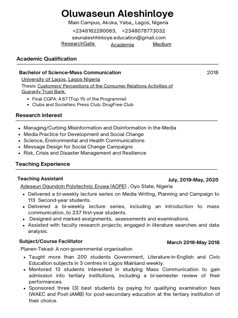 Seun Aleshinloye Academic CV | PDF