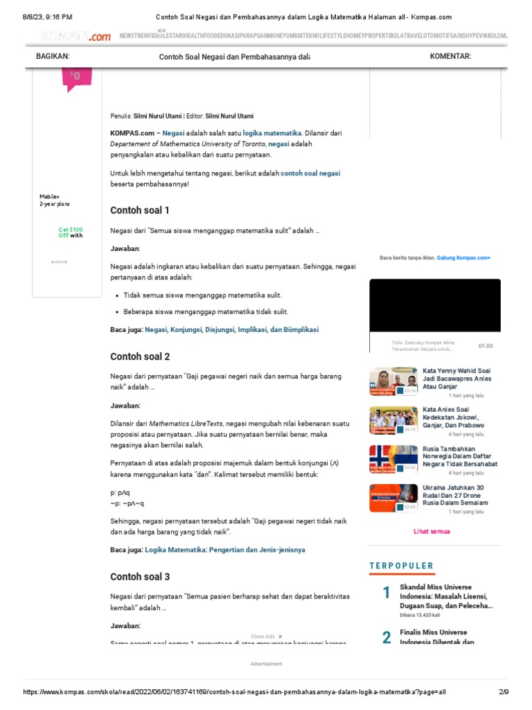 Contoh Soal Negasi Dan Pembahasannya Dalam Logika Matematika Halaman ...