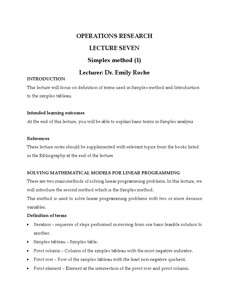 Operations Research - Lecturer Seven - Simplex Method | PDF | Linear ...