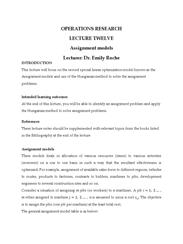 Operations Research - Lecture Twelve - Assignment Models | PDF | Mathematical Optimization ...