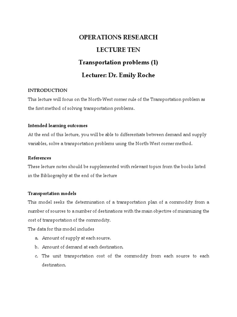 Operations Research Lecturer Ten Transportation Problems Pdf