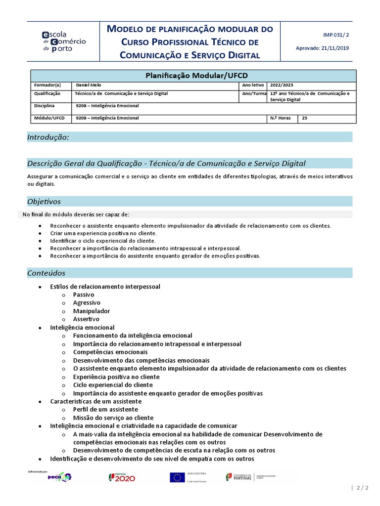 IMP.031 - Modelo de Planificação - UFCD 9208 - Inteligência Emocional | PDF